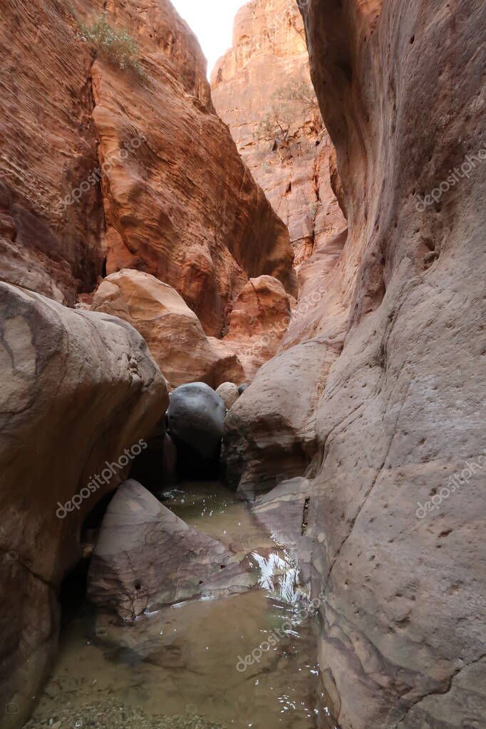 The water of the little stream in the Wadi Ghuweir canyon, running over ...