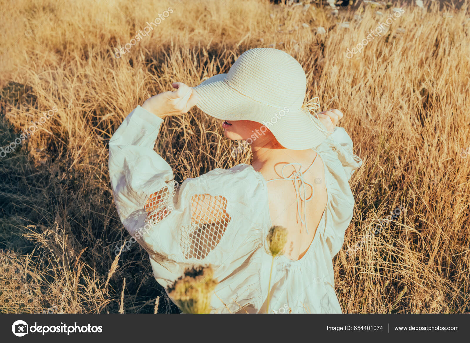 Tender Back View Woman Light Airy Dress Straw Hat Holding Stock Photo ...