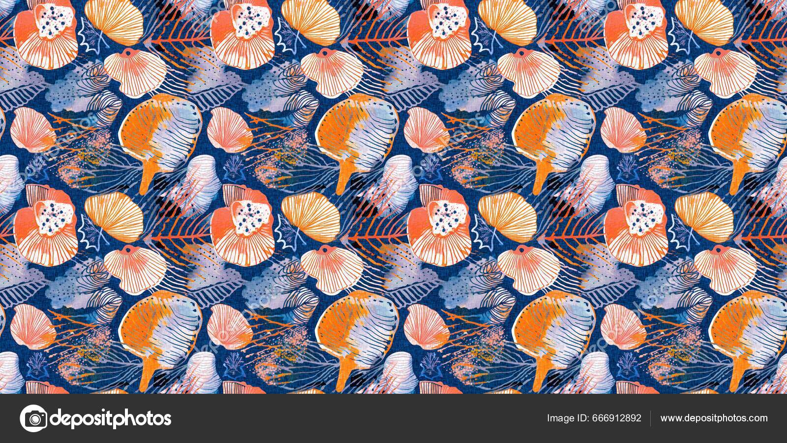 Tropical Modern Seashell Coastal Pattern Clash Fabric Coral Reef Border ...