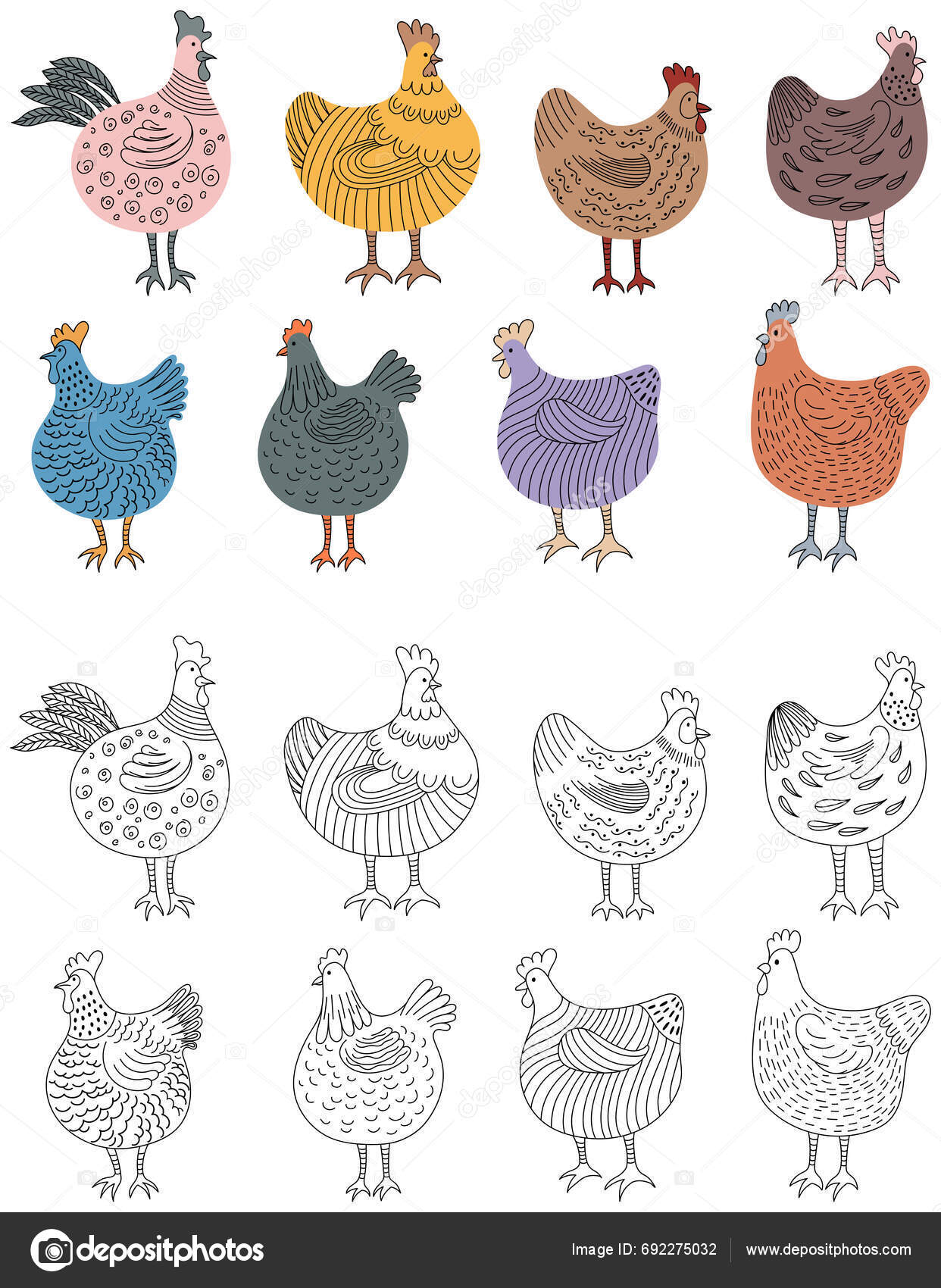 Set Hand Drawn Doodle Hen Chicken Illustration Isolated White Colorful ...