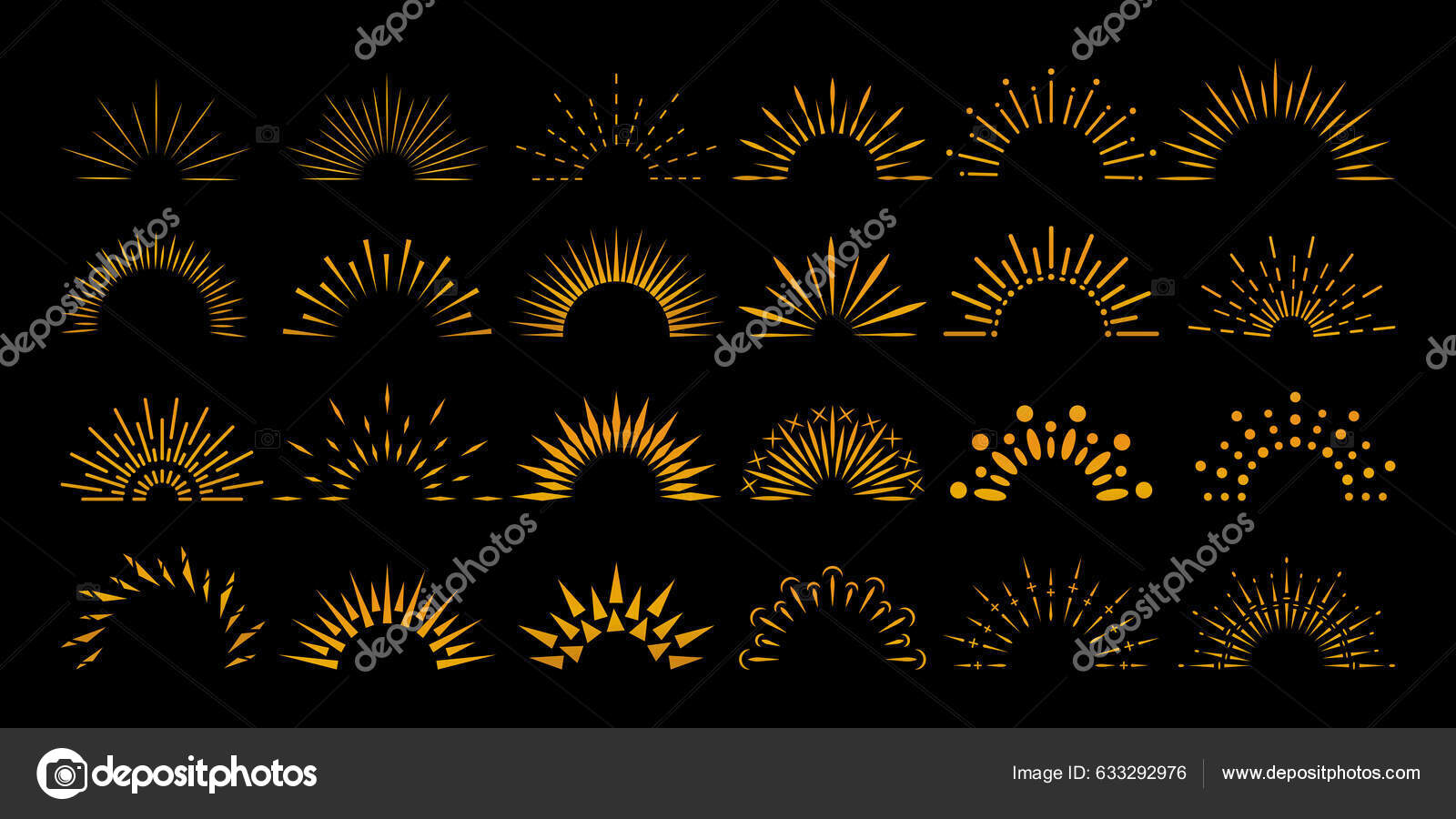 Set Sun Ray's Icons Various Shapes Isolated Black Background Vector 스톡 ...