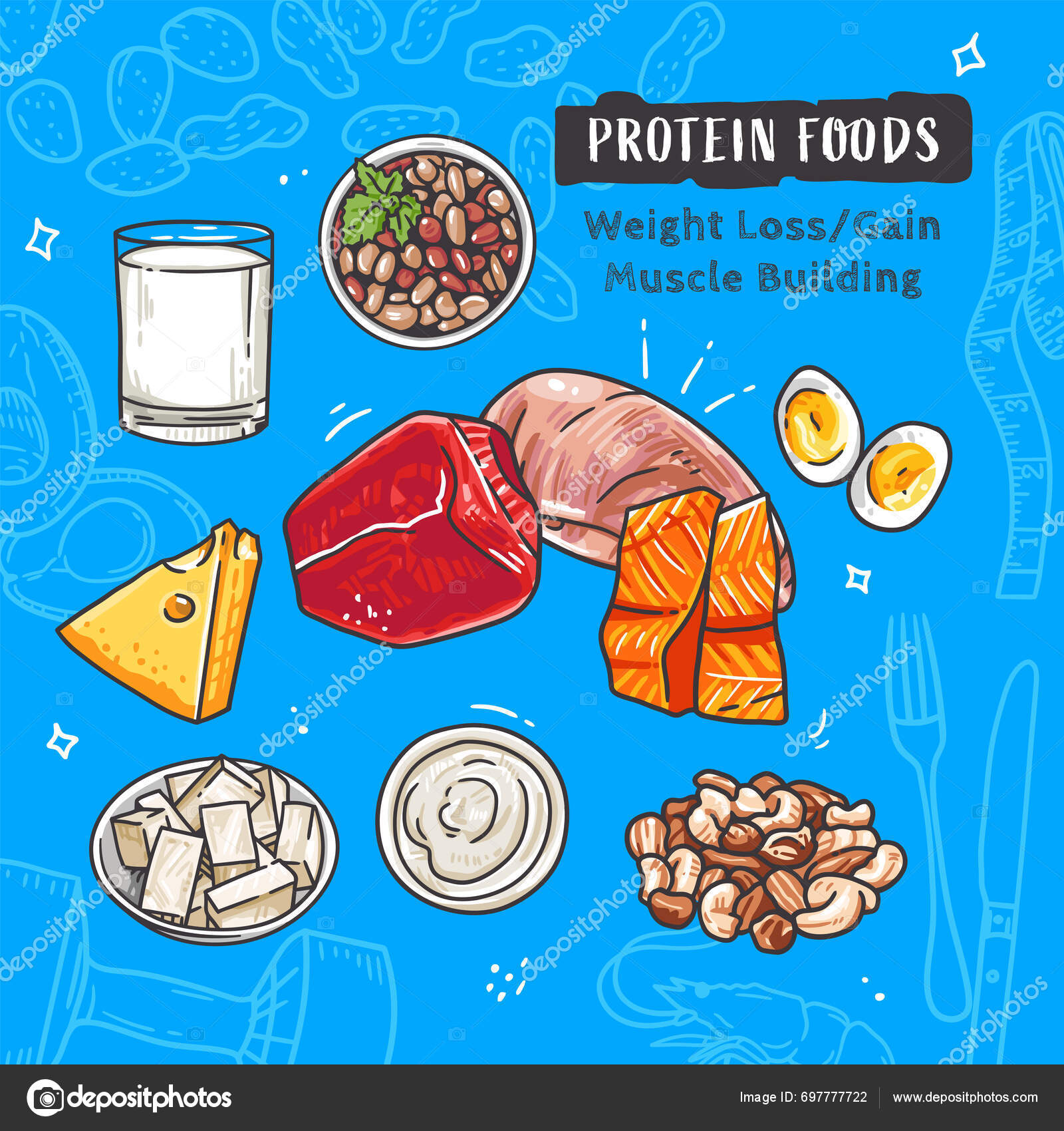 Protein Rich Foods Blue Background Hand Drawn Vector Illustration Stock ...