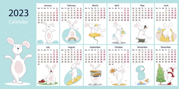 Calendar 2023 White Rabbit Sitting Eating Strawberry Vector ...