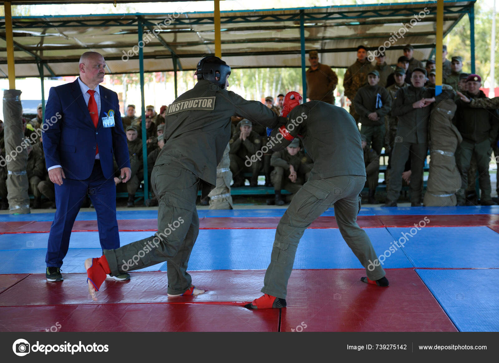 Army Combative Two Fighters Fighting Ring Referee Watching Exhibition ...