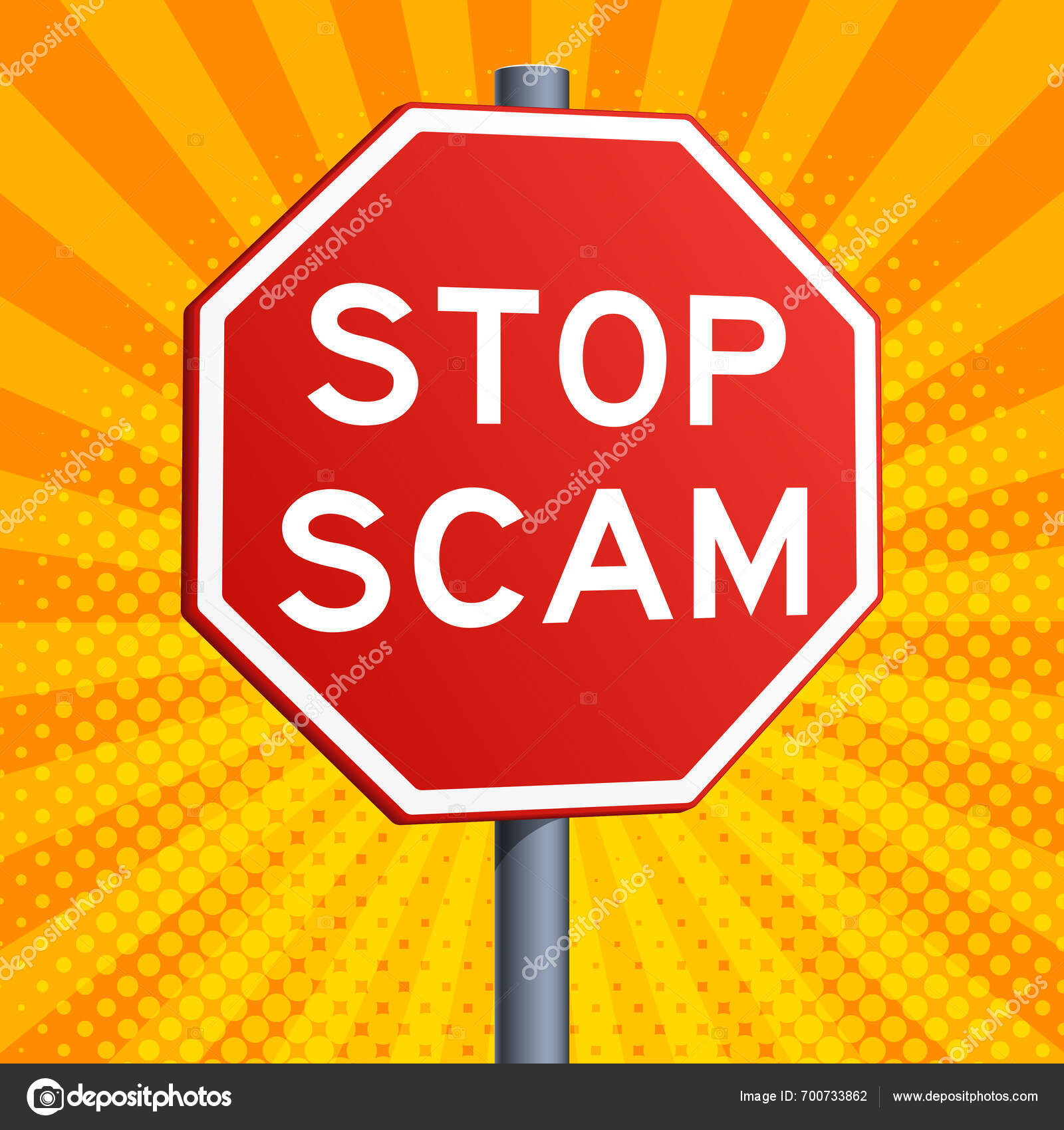 Stop Scam Red Road Sign Isolated Yellow Background Pop Art Stock Vector ...