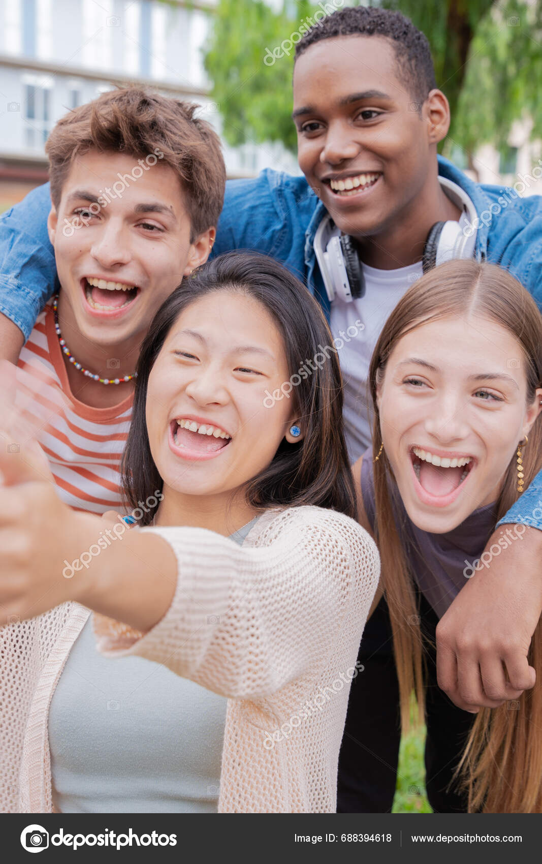 Group Friends Taking Selfie Together Laughing Together University ...