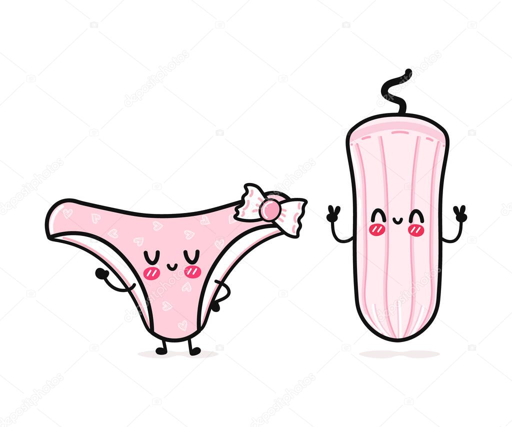 Cute, funny happy pink panties and tampon menstrual. Vector hand drawn ...