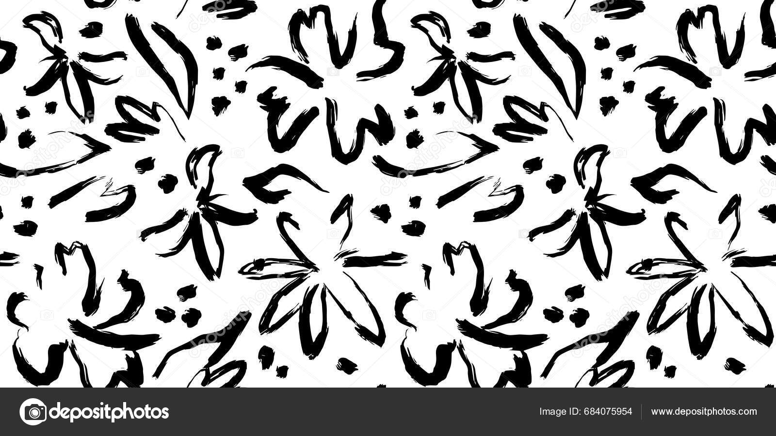 Black White Hand Drawn Flower Art Seamless Pattern Illustration Acrylic ...