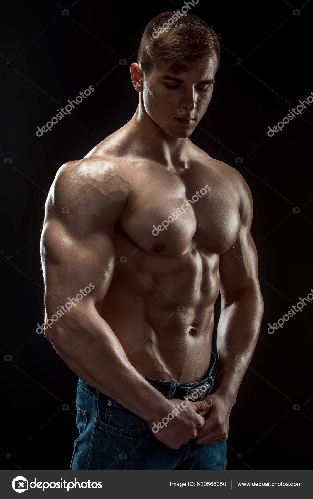 Young Bodybuilder Man Black Background Male Torso Muscle Relief Stock ...