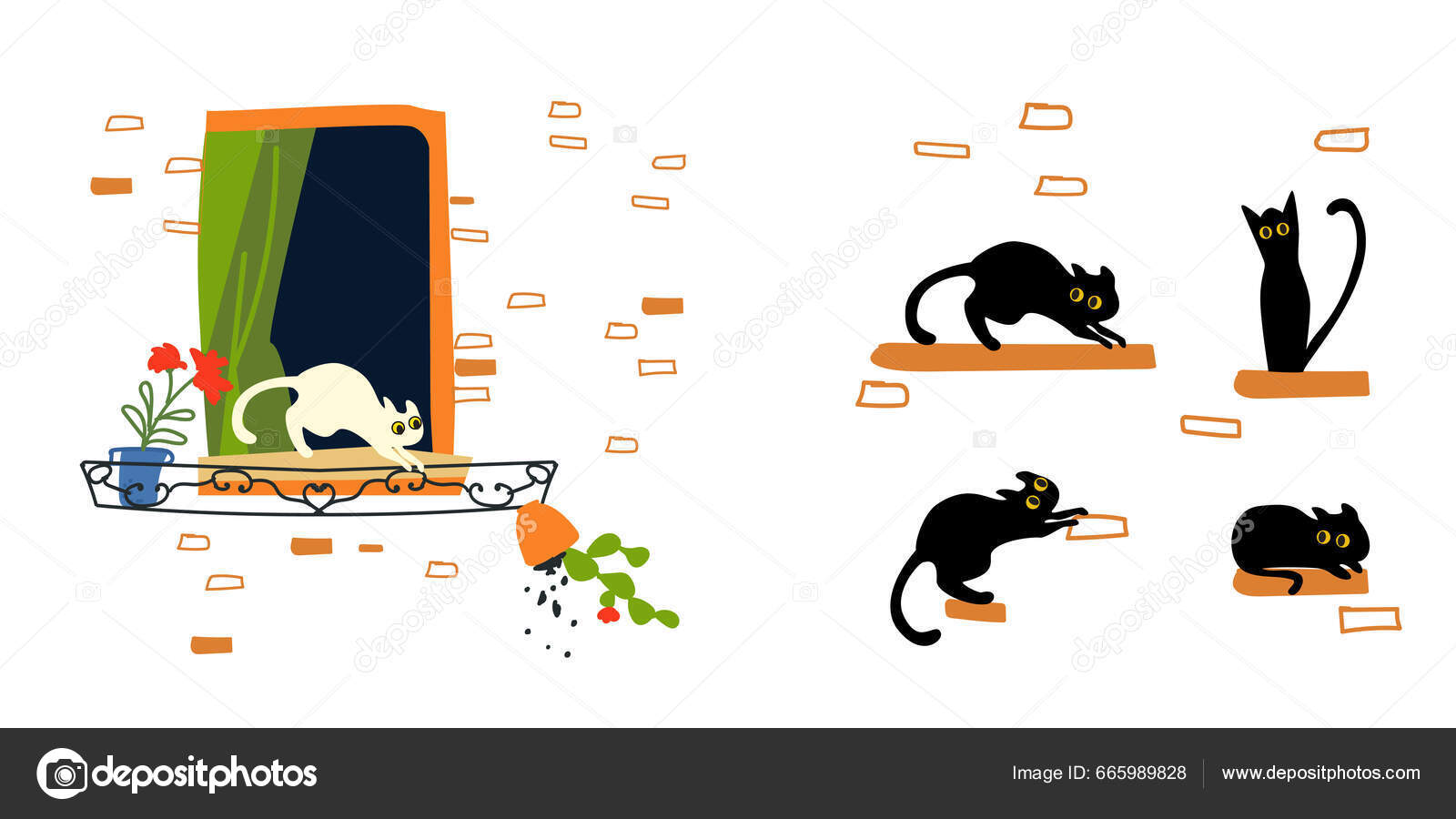 White Cat Window Drops Flower Pot Cheerful Vector Illustration Brick ...