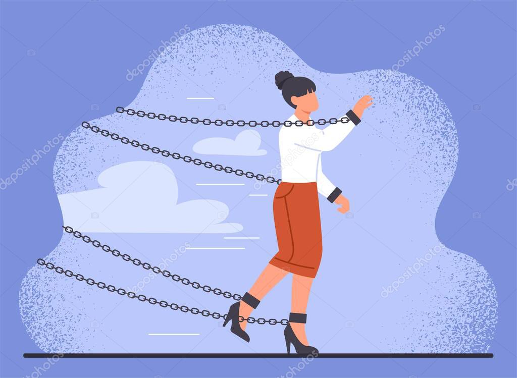 Concepto de limitación de género. Mujer encadenada y esposada ...