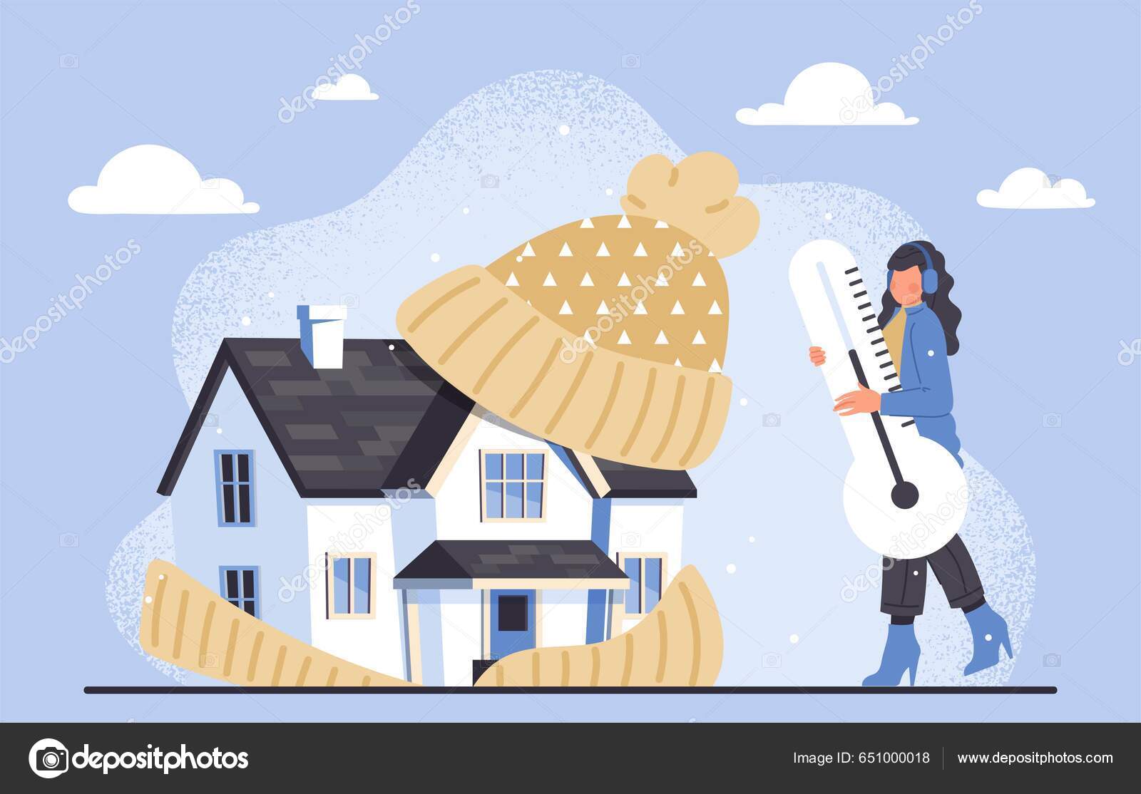 Home Heating Concept Young Girl Thermometer Building Hat Scarf ...