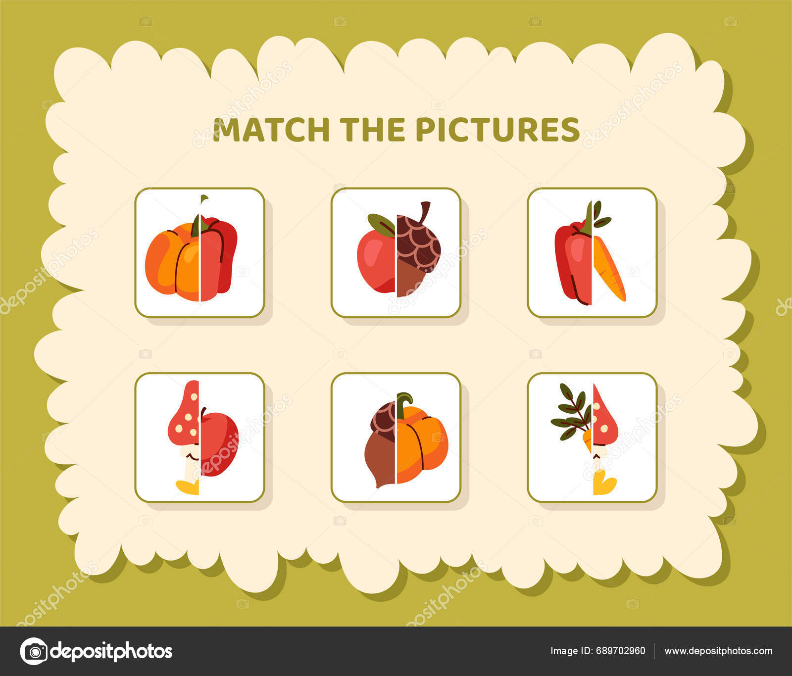 Match Game Kids Template Slice Fruits Vegetables Apple Carrot ...