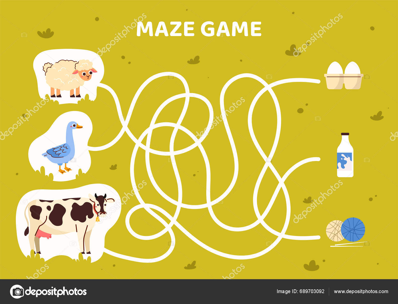 Maze Game Template Goose Sheep Cow Line Path Farm Cattle Stock Vector ...