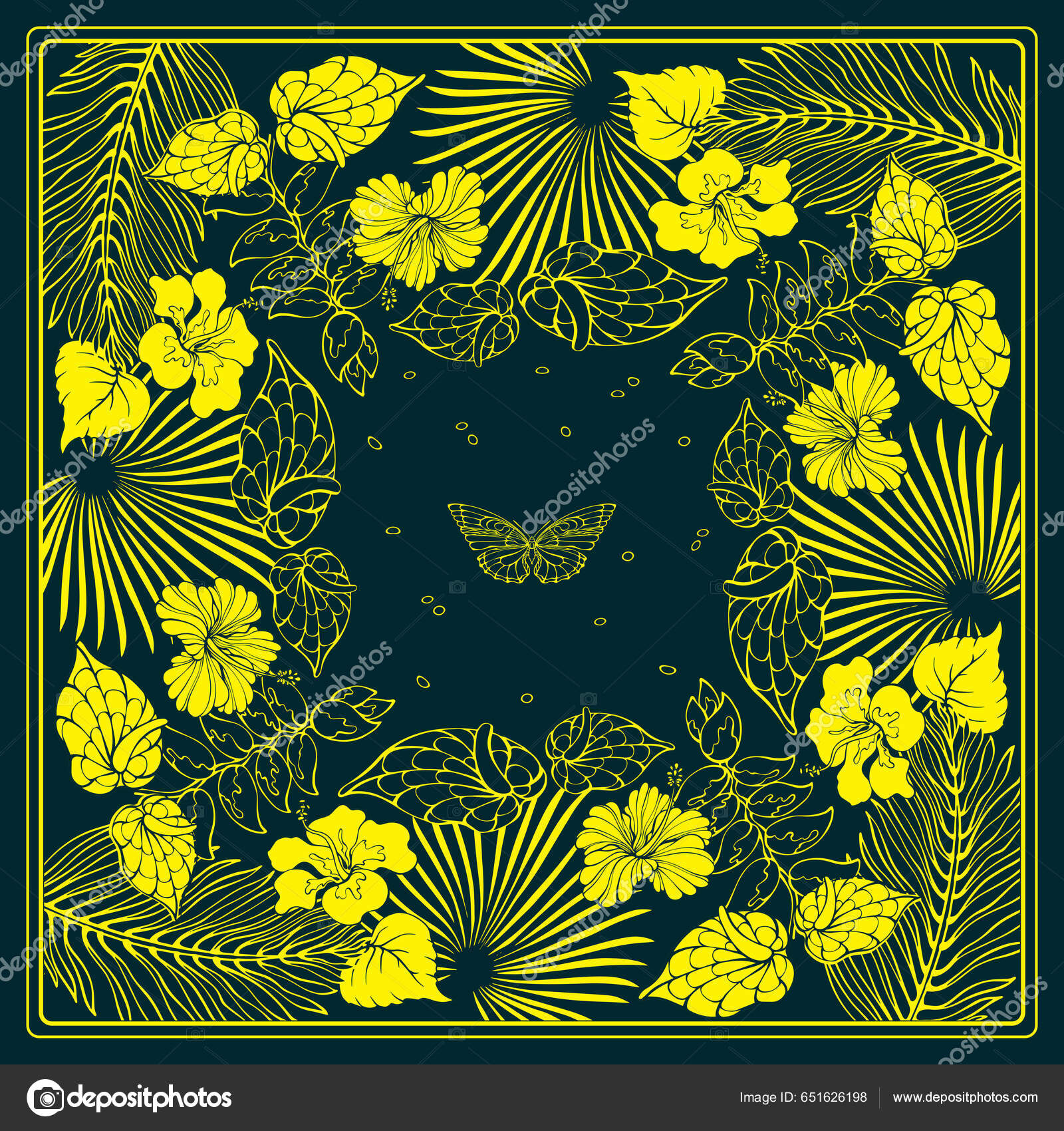Botanical Square Pattern Tropical Leaves Flowers Butterfly Hand Drawn ...
