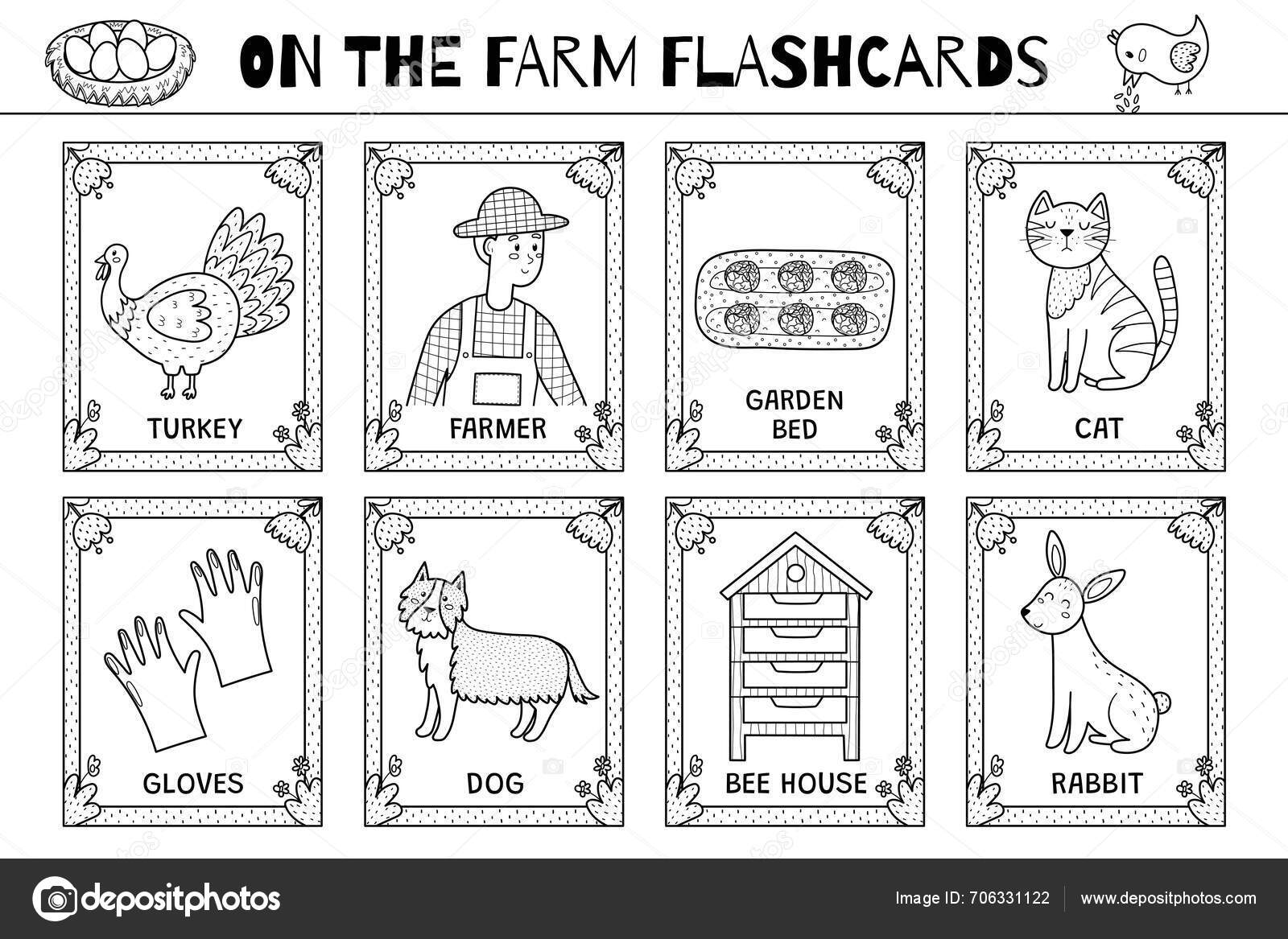 Image vectorielle Sur Ferme Flashcards Noir Blanc Ensemble Collection ...
