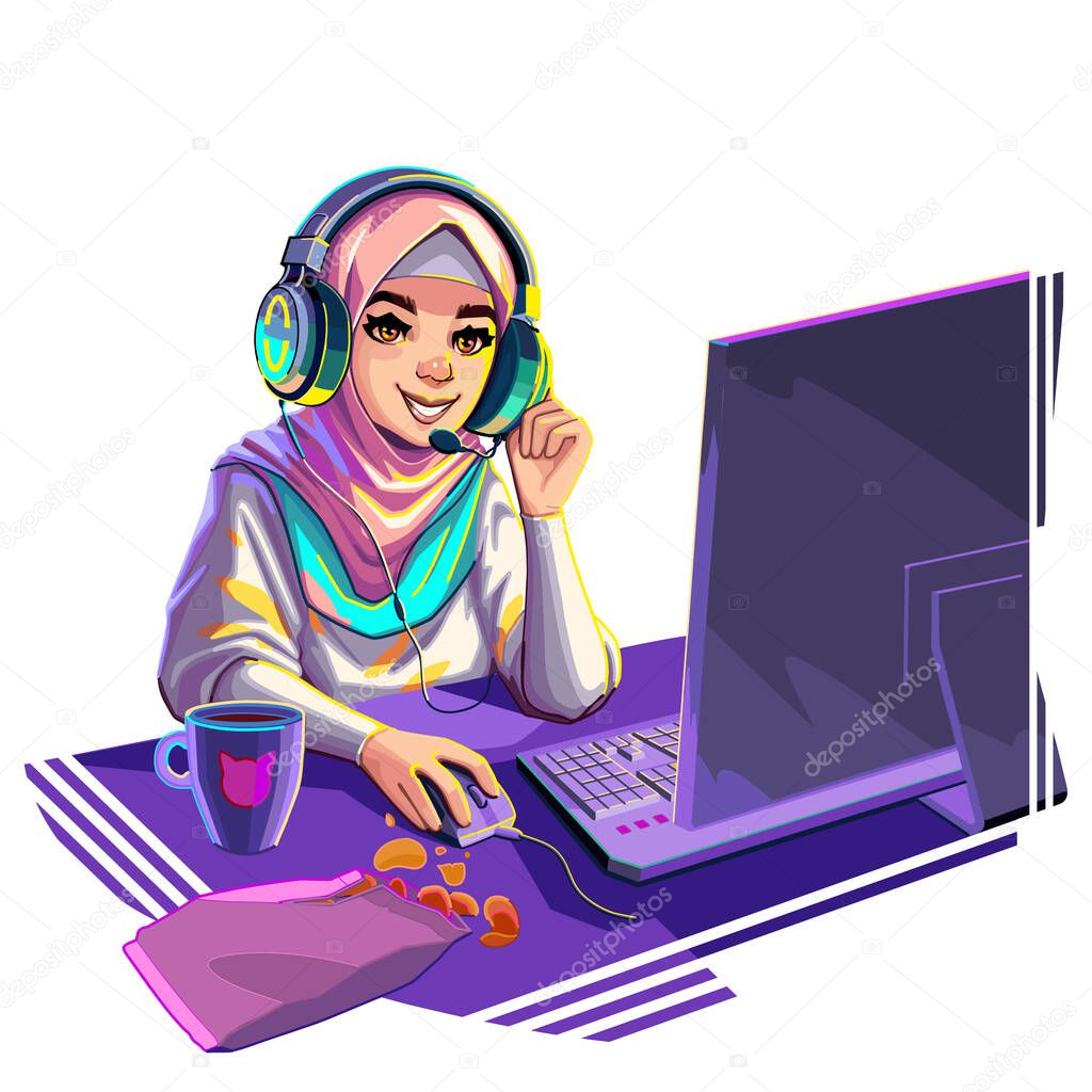 Muslim girl gamer or streamer in a hijab and a headset sits at a ...