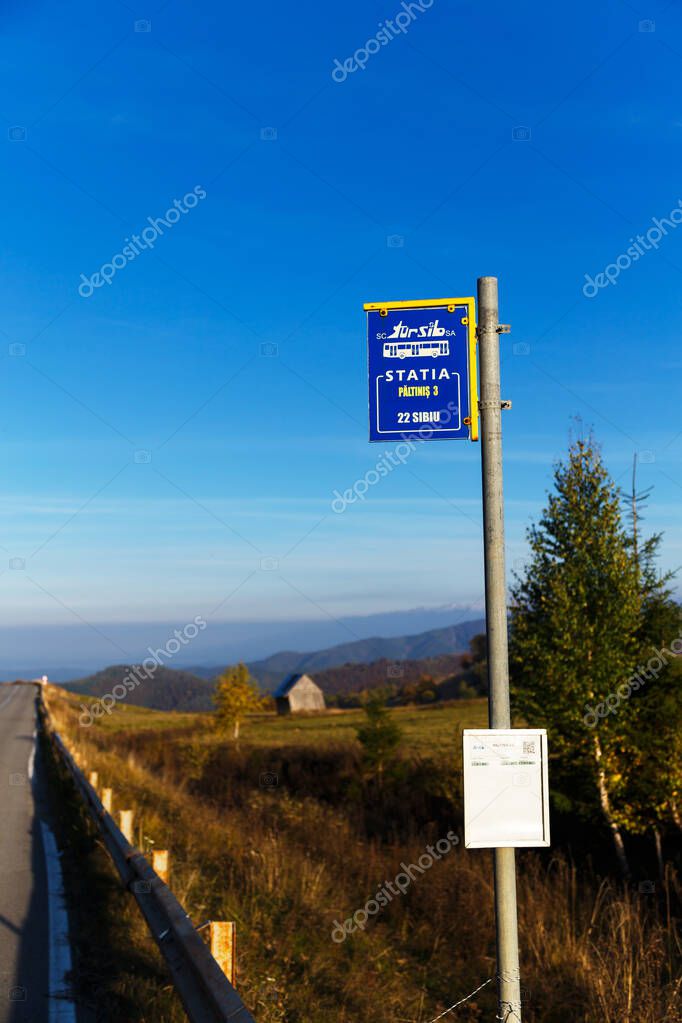 Sibiu, Romania - October, 8 2022: Bus stop road sign for touristic ...