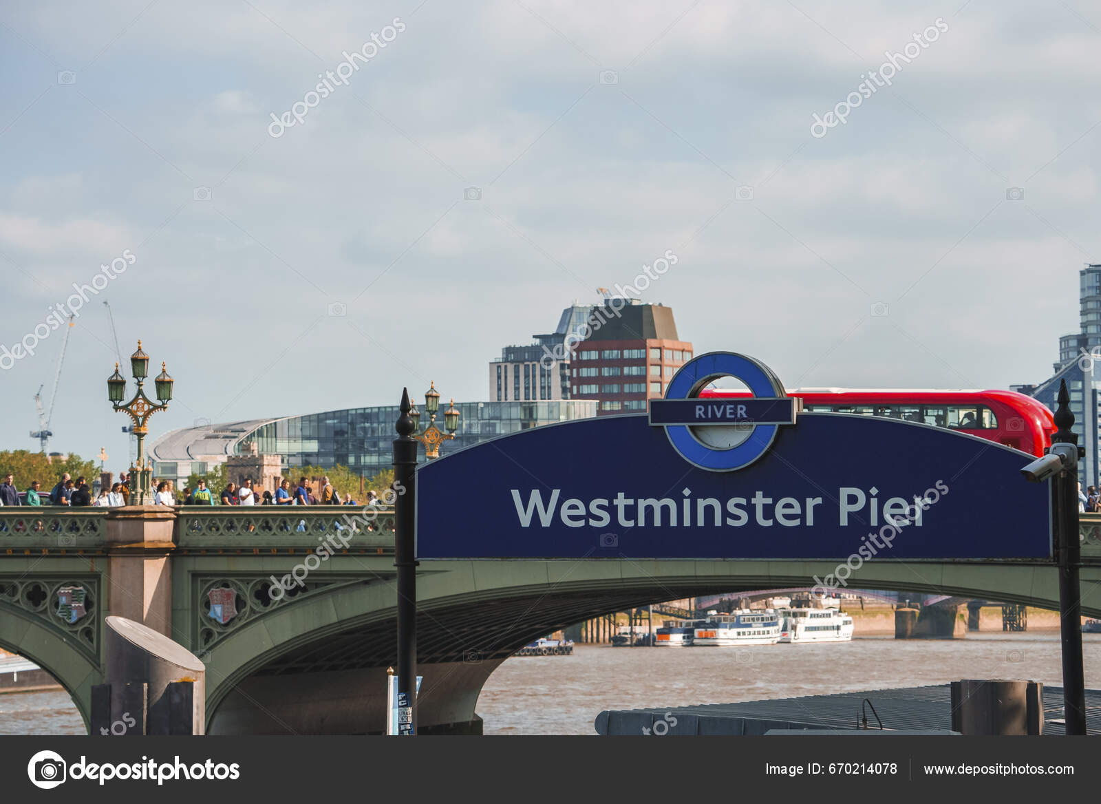 Westminster Pier Blue Signboard Thames Riverbank Tourists Walking ...