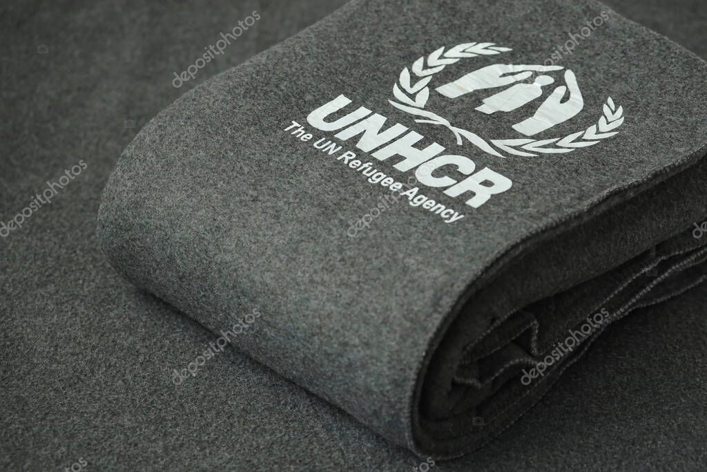 KYIV, UCRANIA - 4 de mayo de 2022 ACNUR El logotipo de la Agencia de ...