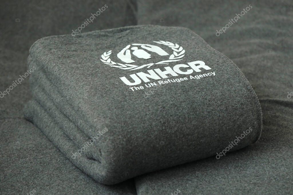 KYIV, UCRANIA - 4 de mayo de 2022 ACNUR El logotipo de la Agencia de ...