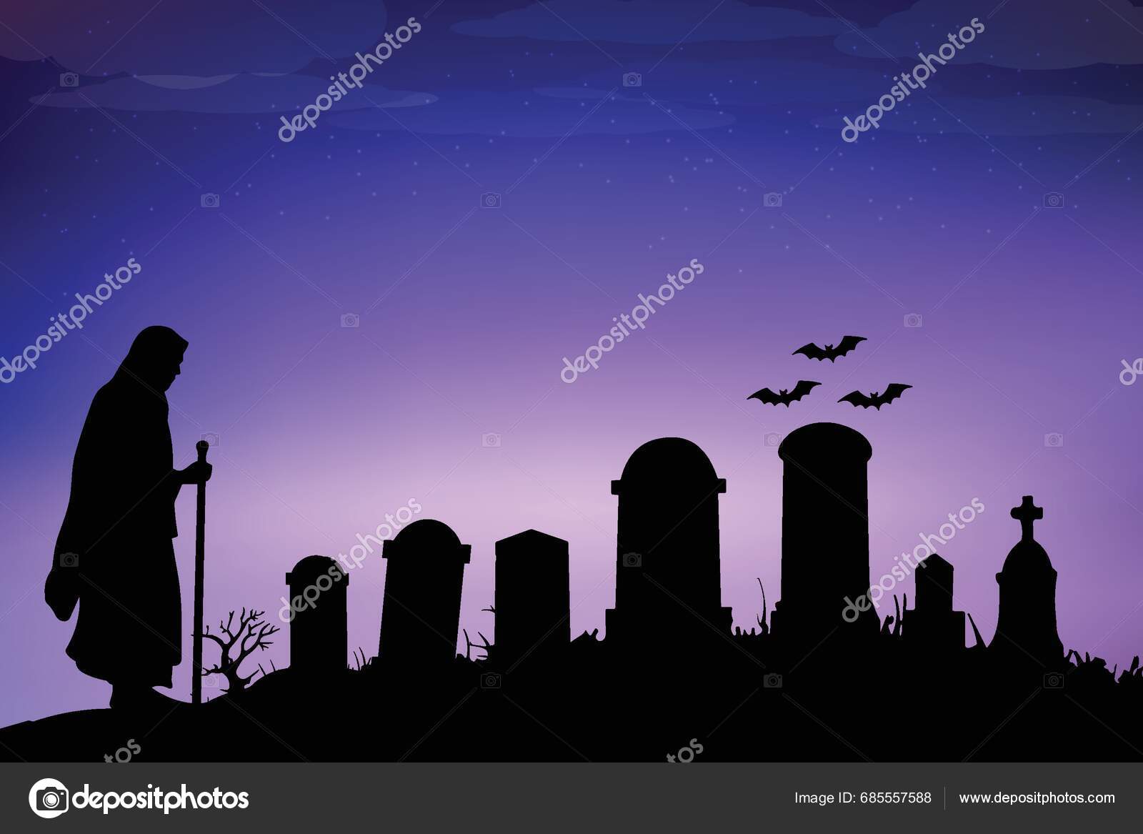 Silueta Postavy Plášti Náhrobky Netopýři Proti Fialové Obloze Stock ...