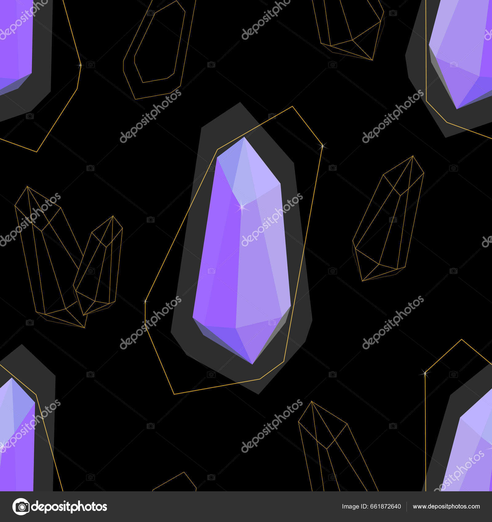 Purple Diamonds Golden Outline Black Background Seamless Vector Pattern ...