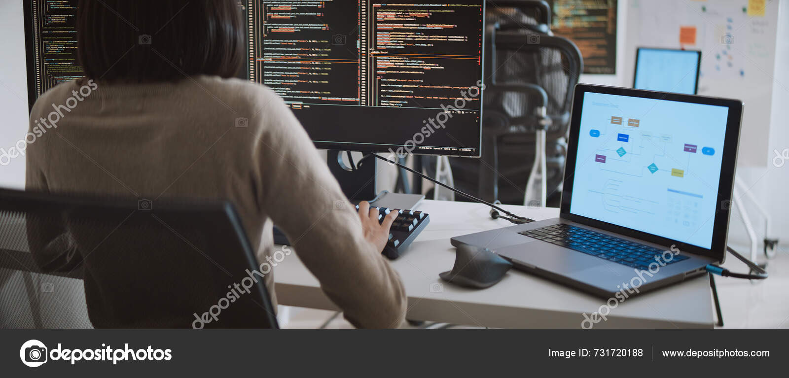 Young Adult Asian Male Female Software Developer Coding Program Desktop — Stock Photo © beer5020 ...