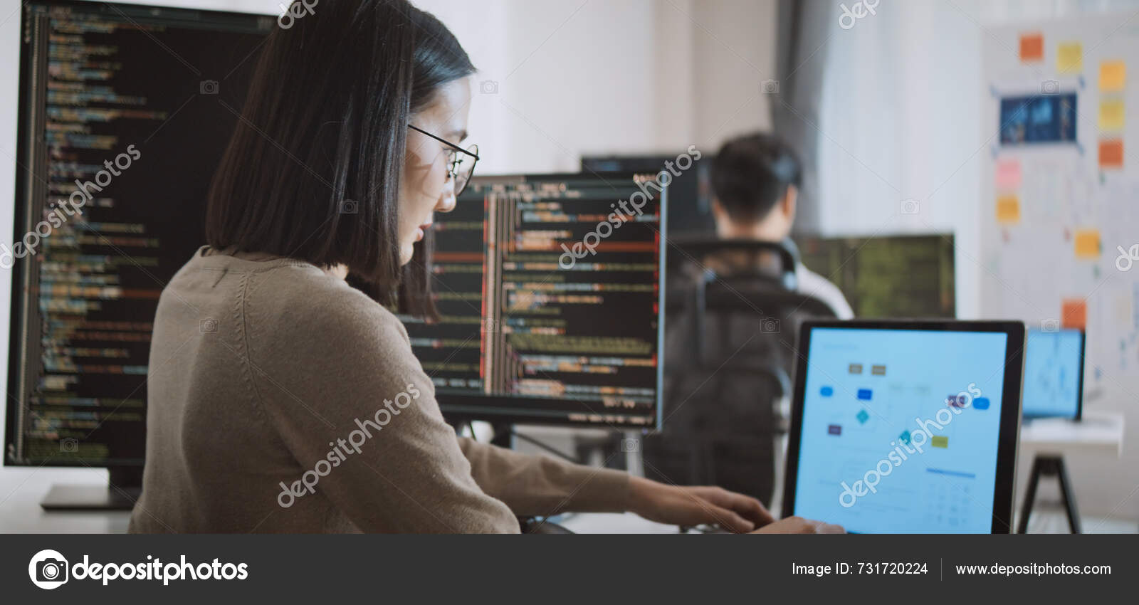 Young Adult Asian Male Female Software Developer Coding Program Desktop ...