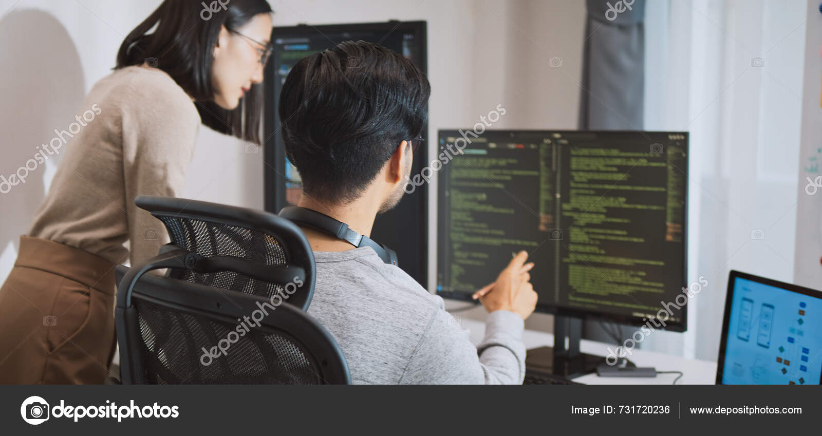 Young Adult Asian Male Female Software Developer Coding Program Desktop ...