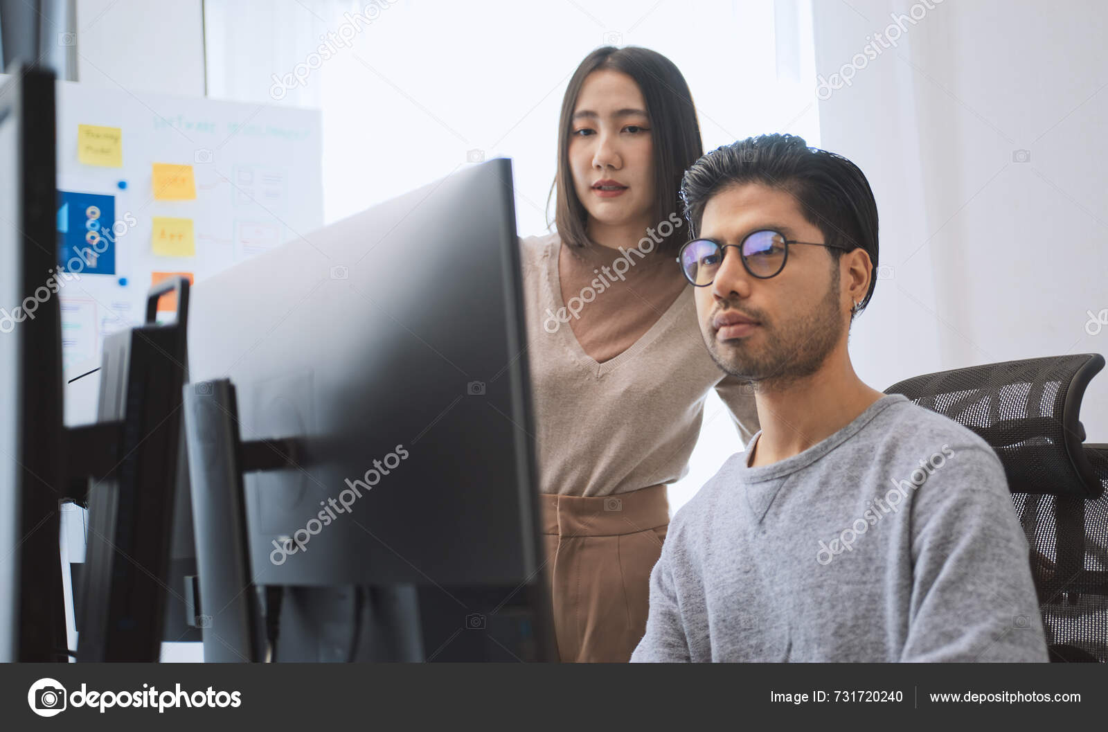 Young Adult Asian Male Female Software Developer Coding Program Desktop ...