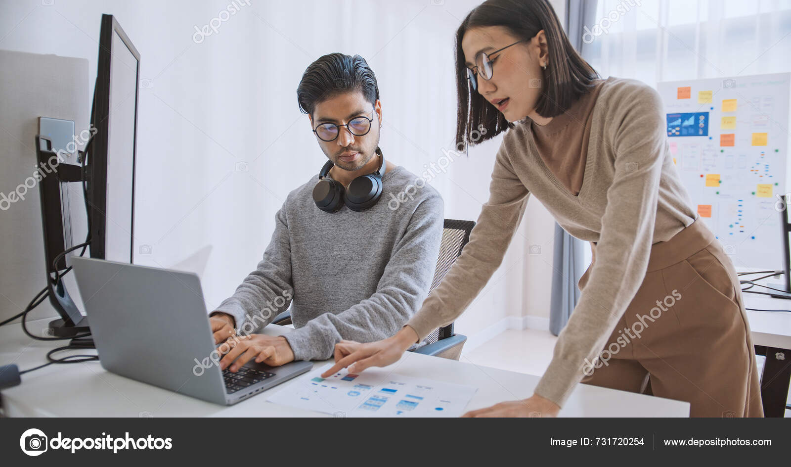 Young Adult Asian Male Female Software Developer Coding Program Desktop ...