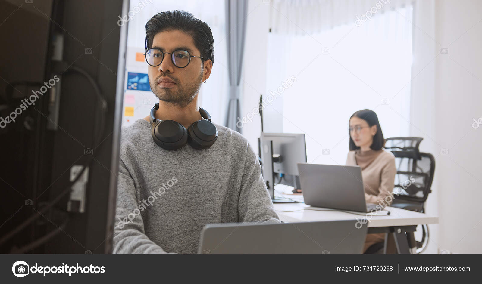 Young Adult Asian Male Female Software Developer Coding Program Desktop ...