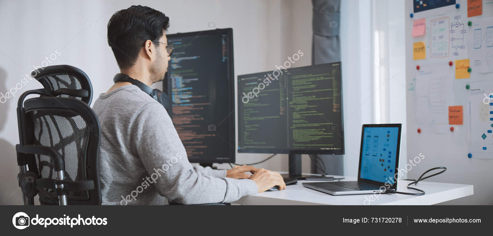 Young Adult Asian Male Software Developer Coding Program Desktop ...