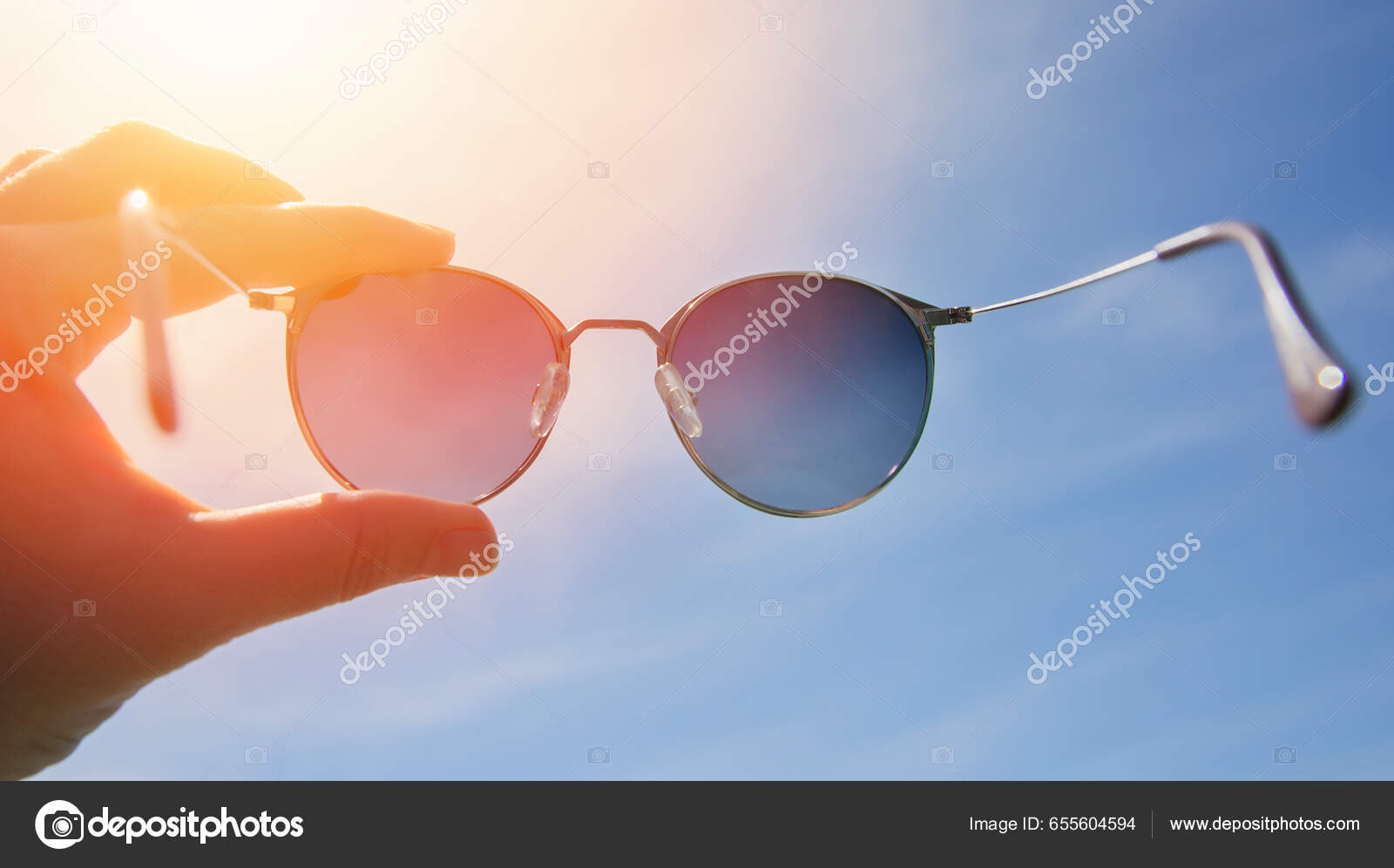 Hand Holding Stylish Sunglasses Bright Sky Sun Background Wearing ...