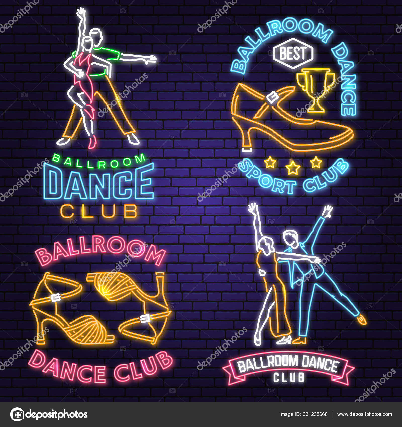 Set Ballroom Dance Sport Club Bright Neon Sign Dance Sport Stock Vector ...