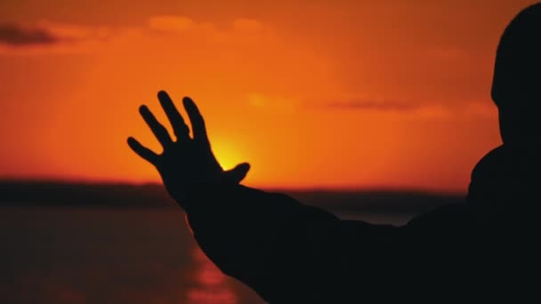 Man Reaches Out Her Hand Setting Sun Silhouette Man Looks — Stock Video ...