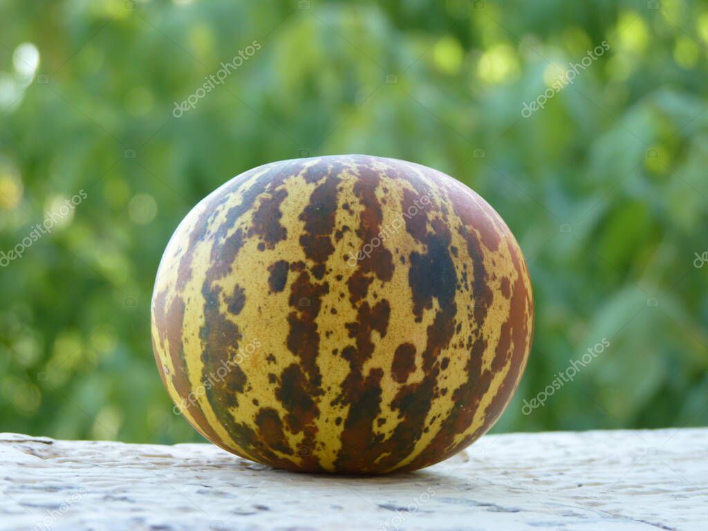 Una fruta a rayas única en una superficie texturizada, mezclando ...