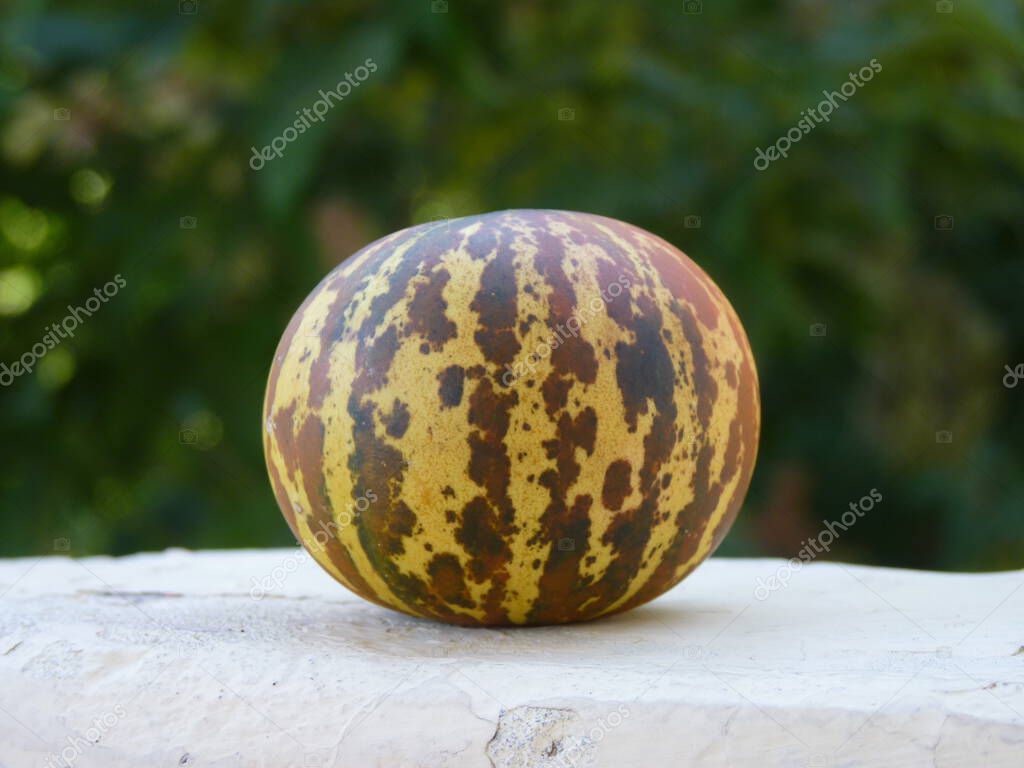 Una fruta a rayas única en una superficie texturizada, mezclando ...