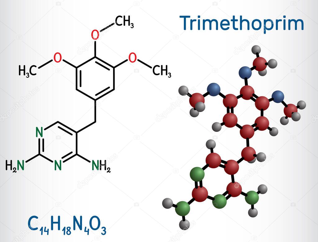 Trimetoprima, molécula TMP. Es antibiótico antifolato utilizado para tratar infecciones de vías ...