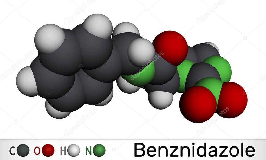 Molécula de benznidazol. Es un fármaco antiparasitario utilizado en el ...