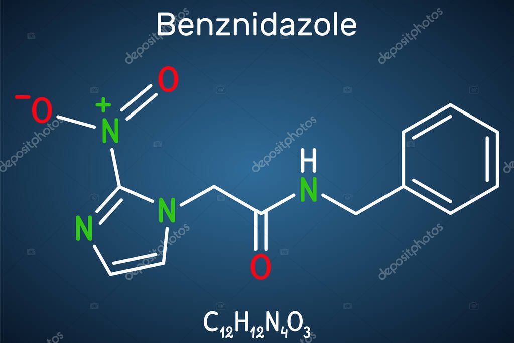 Molécula de benznidazol. Es un fármaco antiparasitario utilizado en el ...