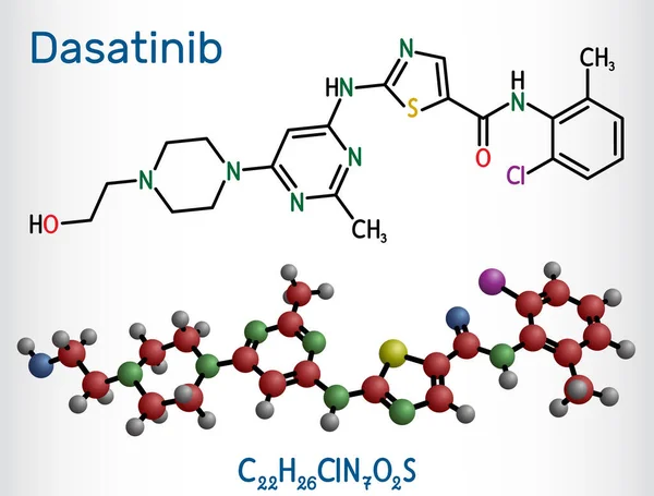 Molécula de dasatinib. Se utiliza para tratar la leucemia mielógena, la ...