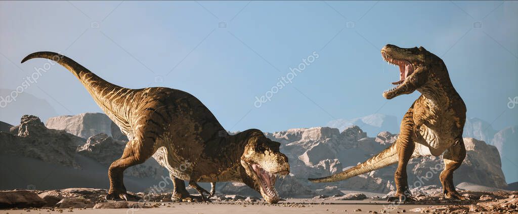 Dos grandes dinosaurios se enfrentan entre sí, rugiendo ferozmente en ...