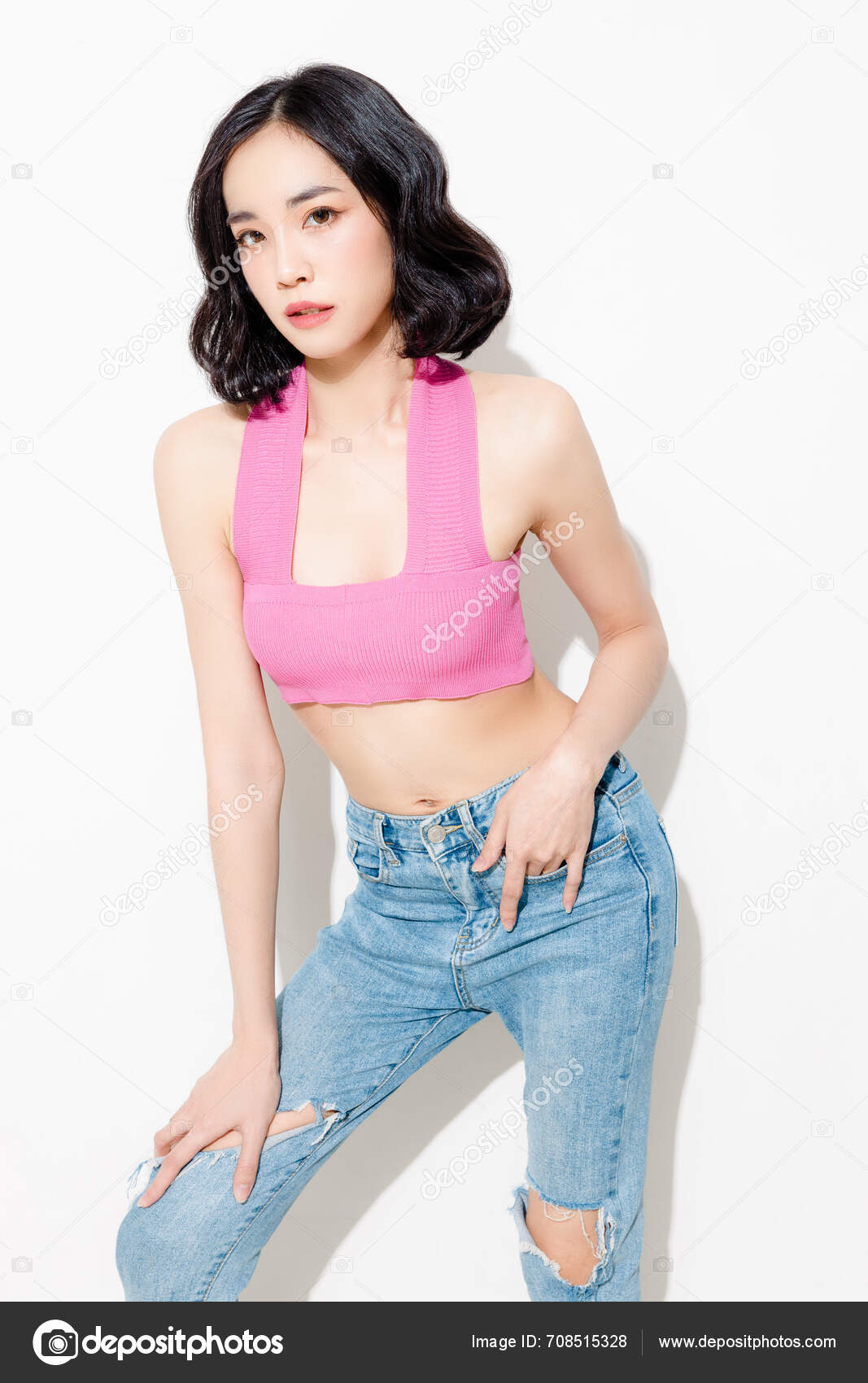 Fashionable Asian Woman Short Hair Perfect Body Cute Female Model — Stock Photo ...