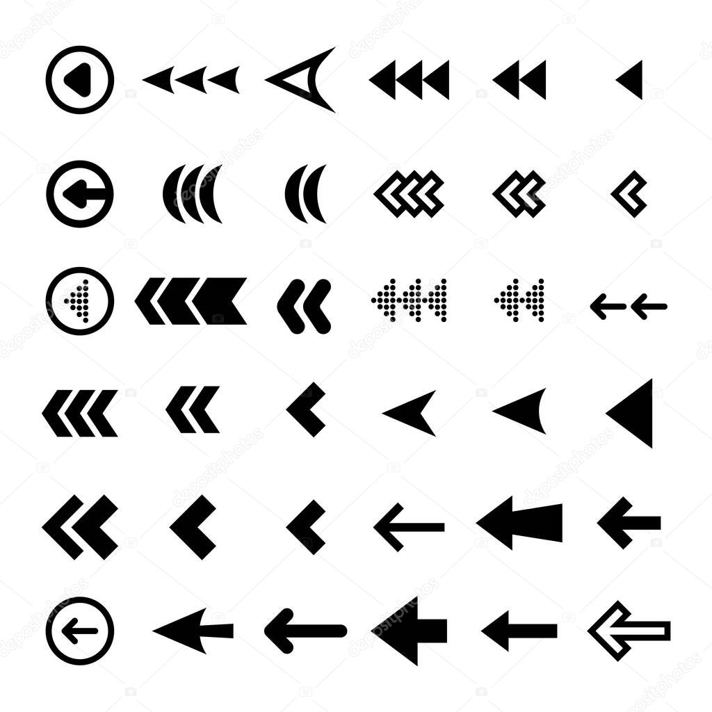 Conjunto de estilo negro vector flechas izquierdas aisladas en blanco ...