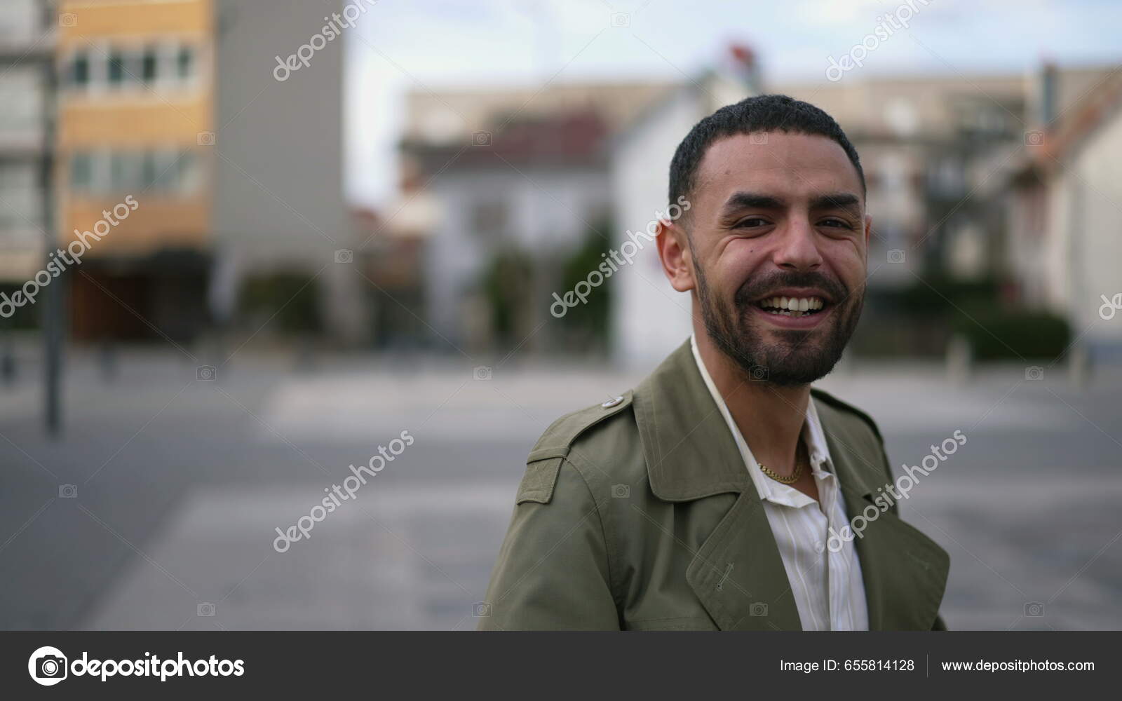 Portrait Joyful Arab Person Smiling Laughing While Standing Urban ...