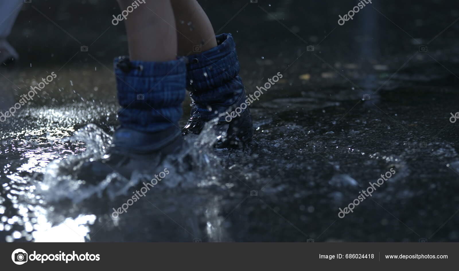 Child Stepping Water Puddle Super Slow Motion Wearing Rainboots ...