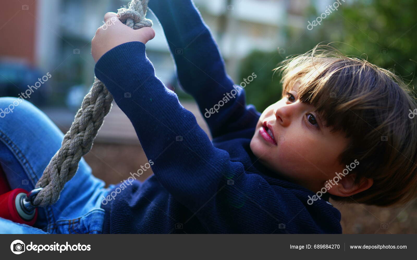 Child Holding Tight Sliding Rope Connected Trees Young Boy Enjoying ...
