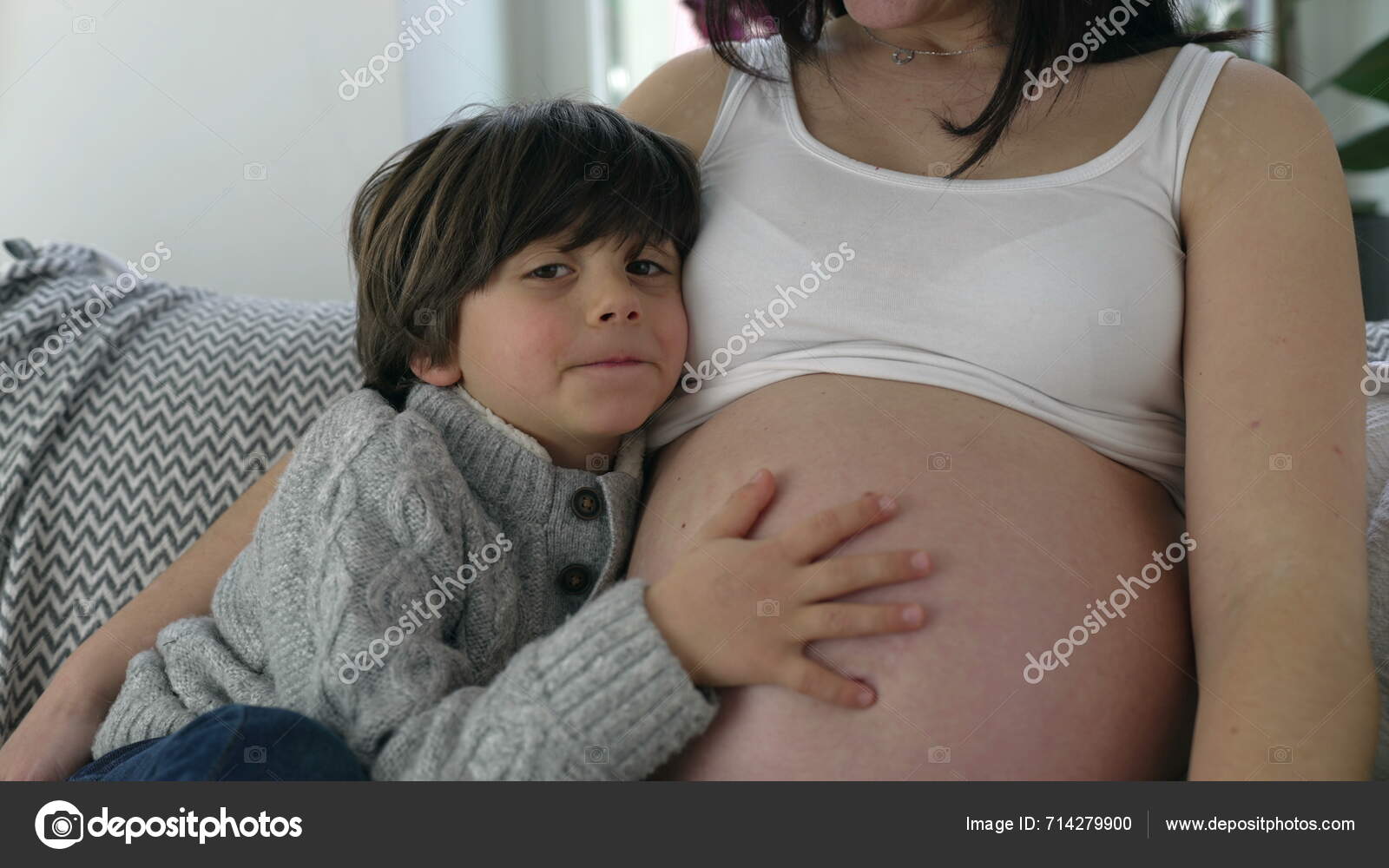 Heartwarming Moment Year Old Boy Gently Kissing Mother's Belly Late — Stock Photo ...